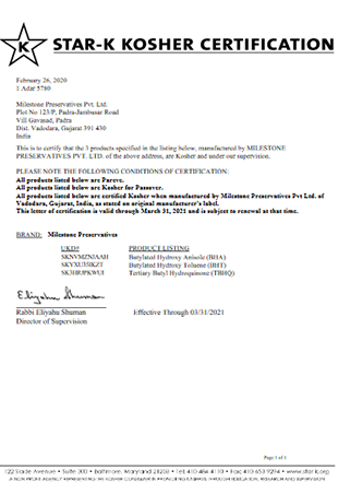 Certificates of Mile Stone Preservatives