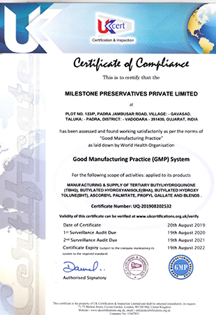 Certificates of Mile Stone Preservatives